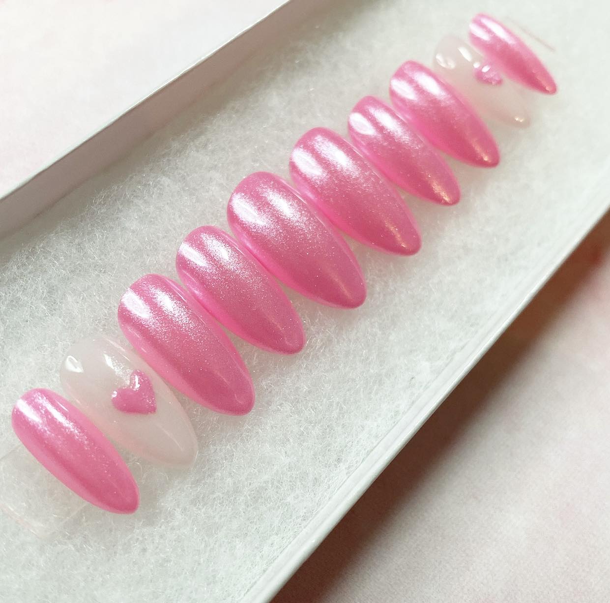 Pink False Nails Glazed Iridescent Shimmer. 3D Heart. – Illuminate by Liana