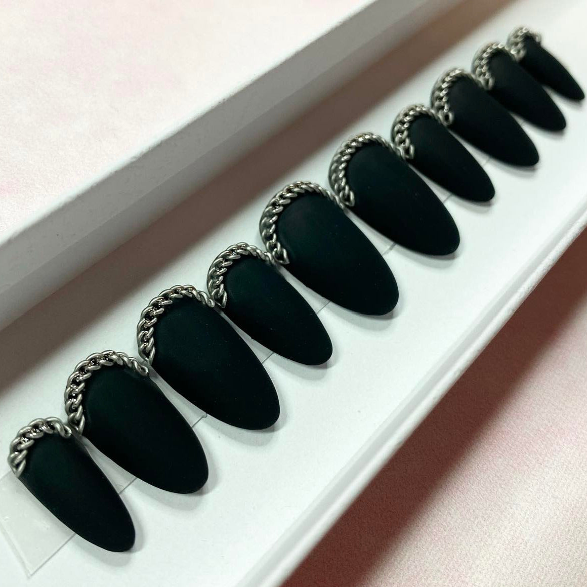 Gothic grunge black false nails with chains. UK-based nail artist ...