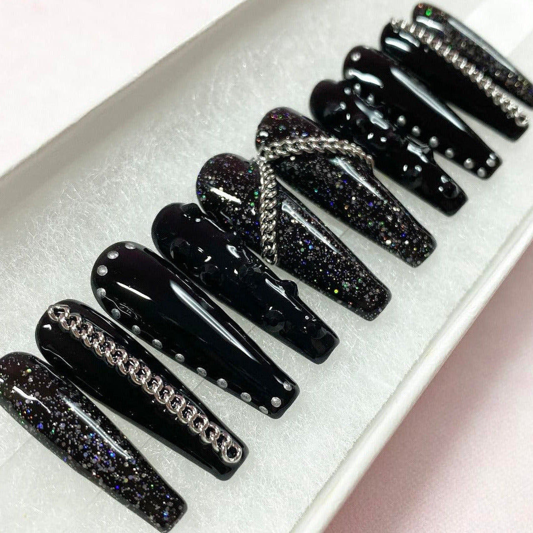 Gothic Black Press-On Nails with Chains. Salon-Quality. Hand-Painted ...